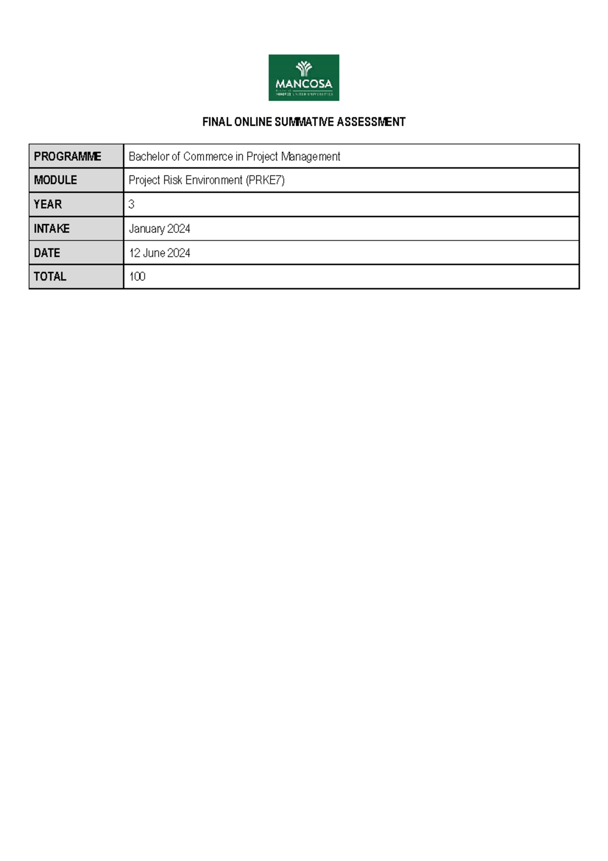 Final OSA Paper for Project Risk Environment - FINAL ONLINE SUMMATIVE ...
