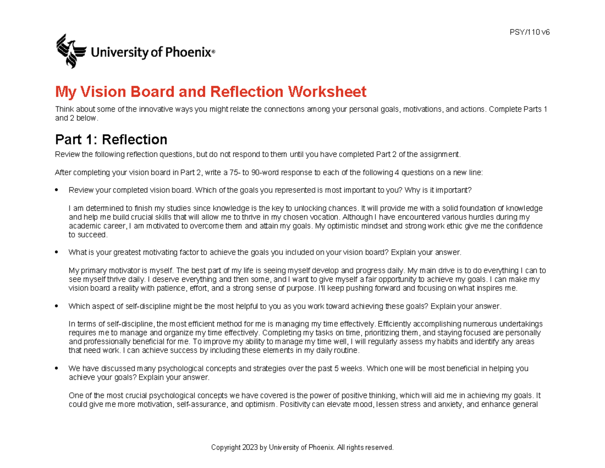 Psy110 v6 wk5 my vision board and reflection worksheet - PSY/110 v My ...