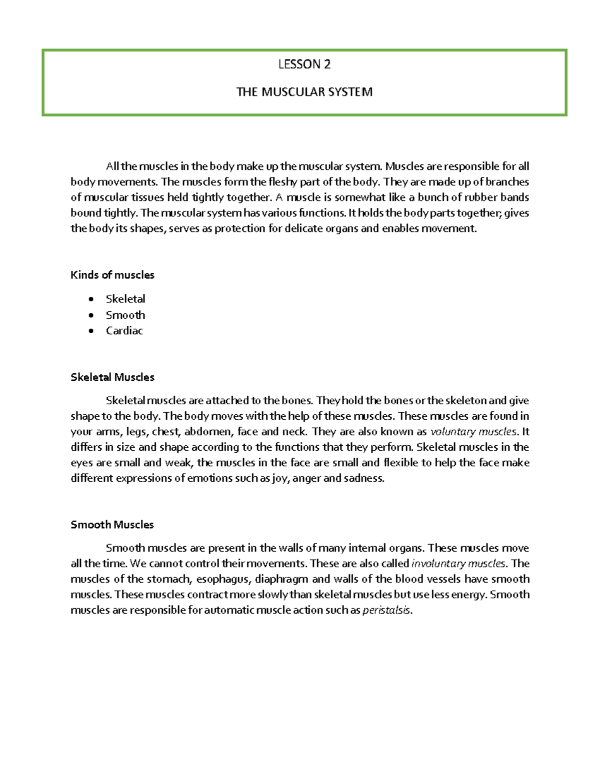 Lesson 2 - Lecture notes on human muscular system - LESSON 2 THE ...