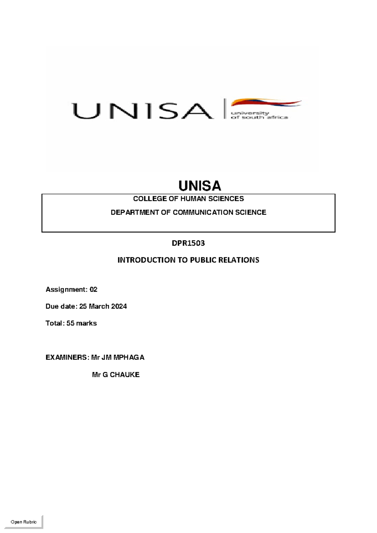 Assignment Two - UNISA COLLEGE OF HUMAN SCIENCES DEPARTMENT OF ...