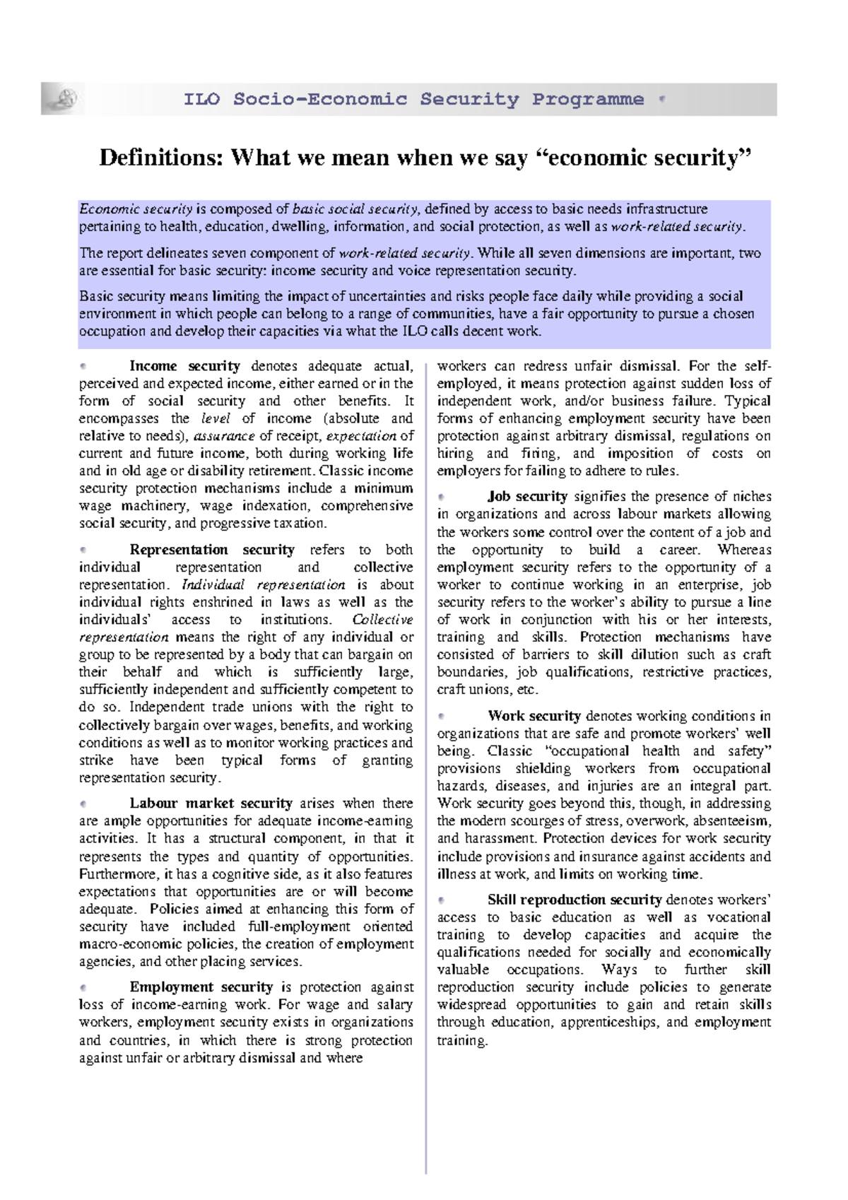 Definition - ILO Socio-Economic Security Programme Definitions: What we ...