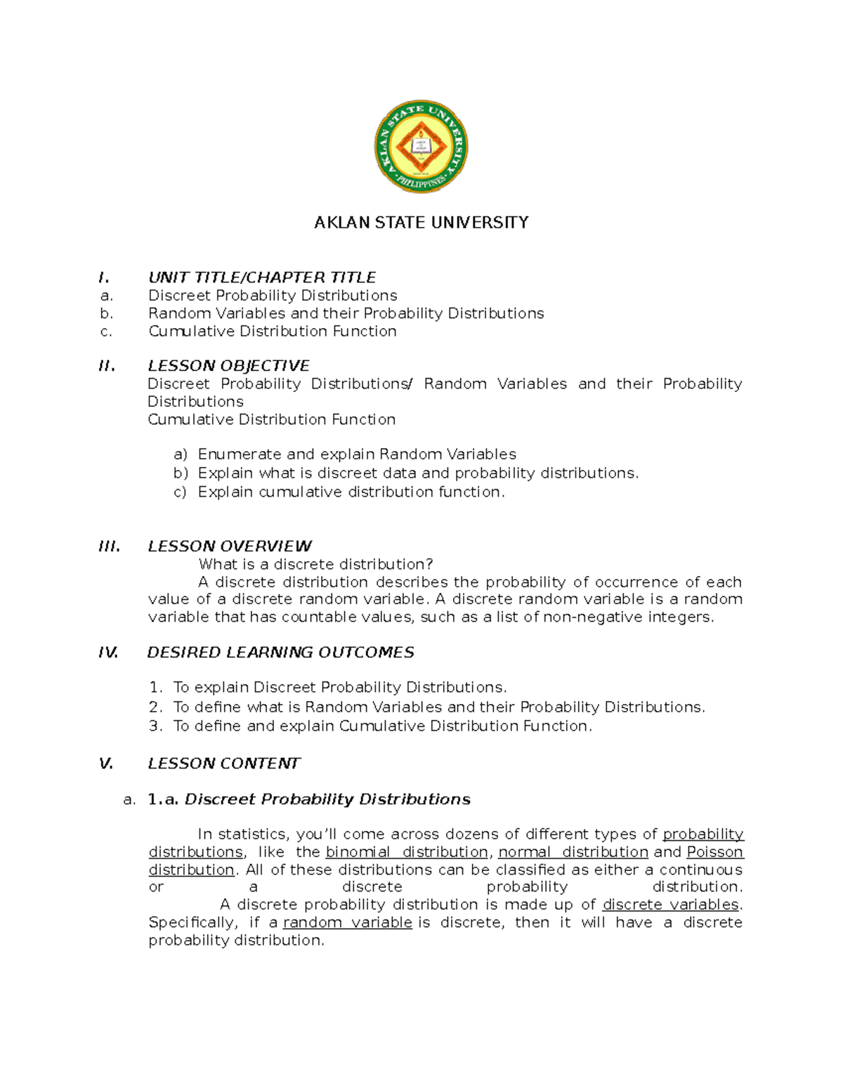 Engineering Data Analysis 1- Discreet Probability Distributions - AKLAN STATE UNIVERSITY I. UNIT ...