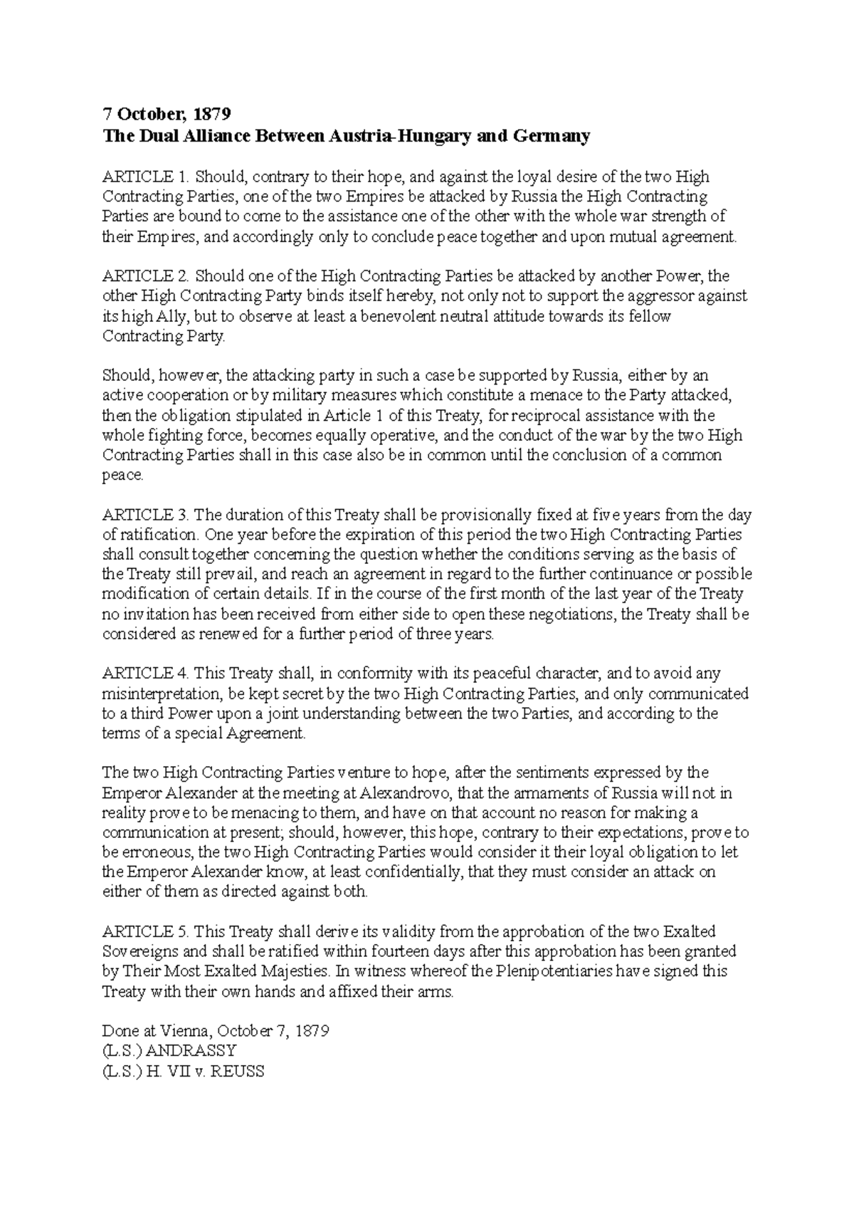 AH-Germany dual alliance 1879 - 7 October, 1879 The Dual Alliance ...