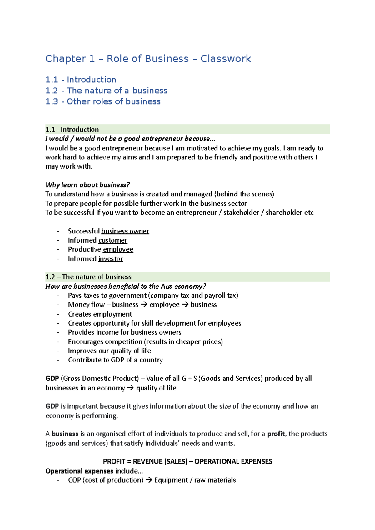 Chap 1 - Role of Business - classwork - Chapter 1 – Role of Business ...