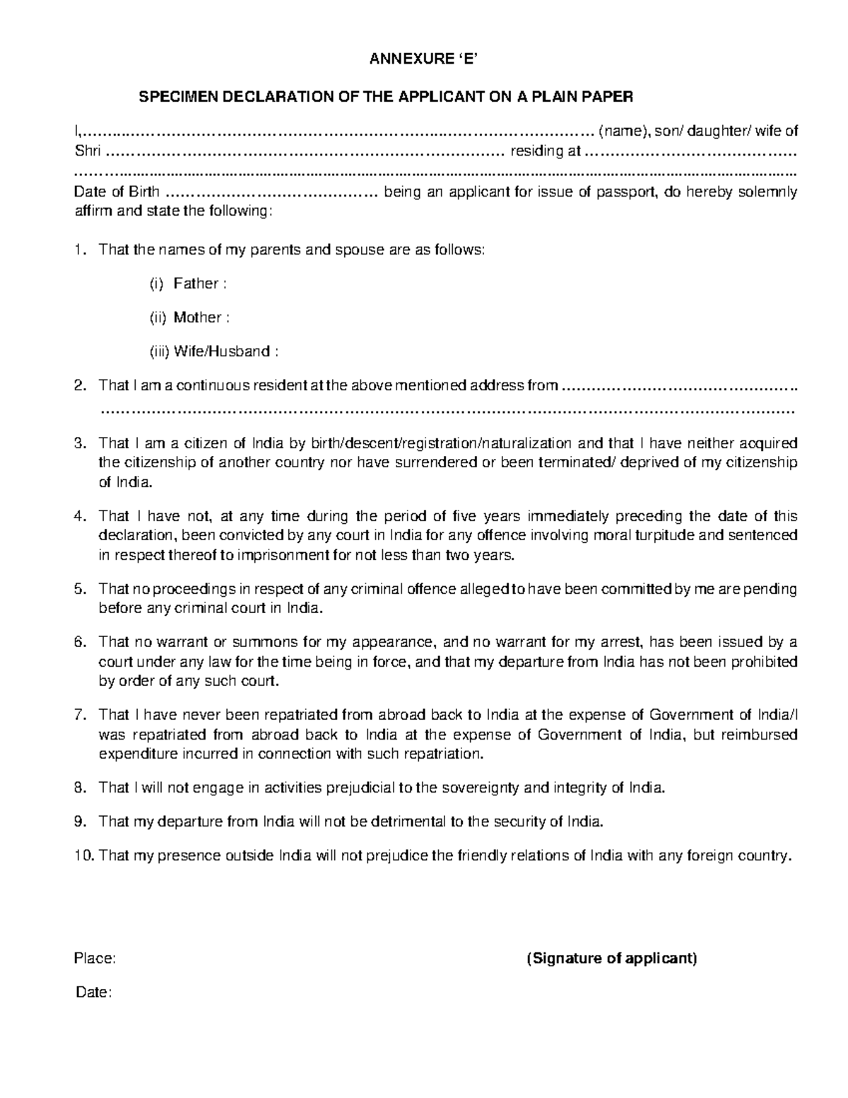 Annexure E No Use But For Passport ANNEXURE E SPECIMEN 