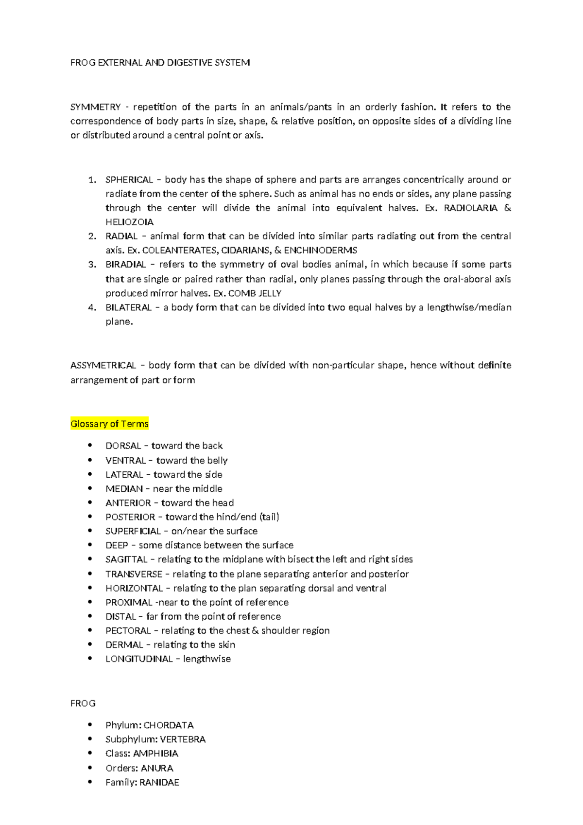 Symmetry - transes in zool - FROG EXTERNAL AND DIGESTIVE SYSTEM ...
