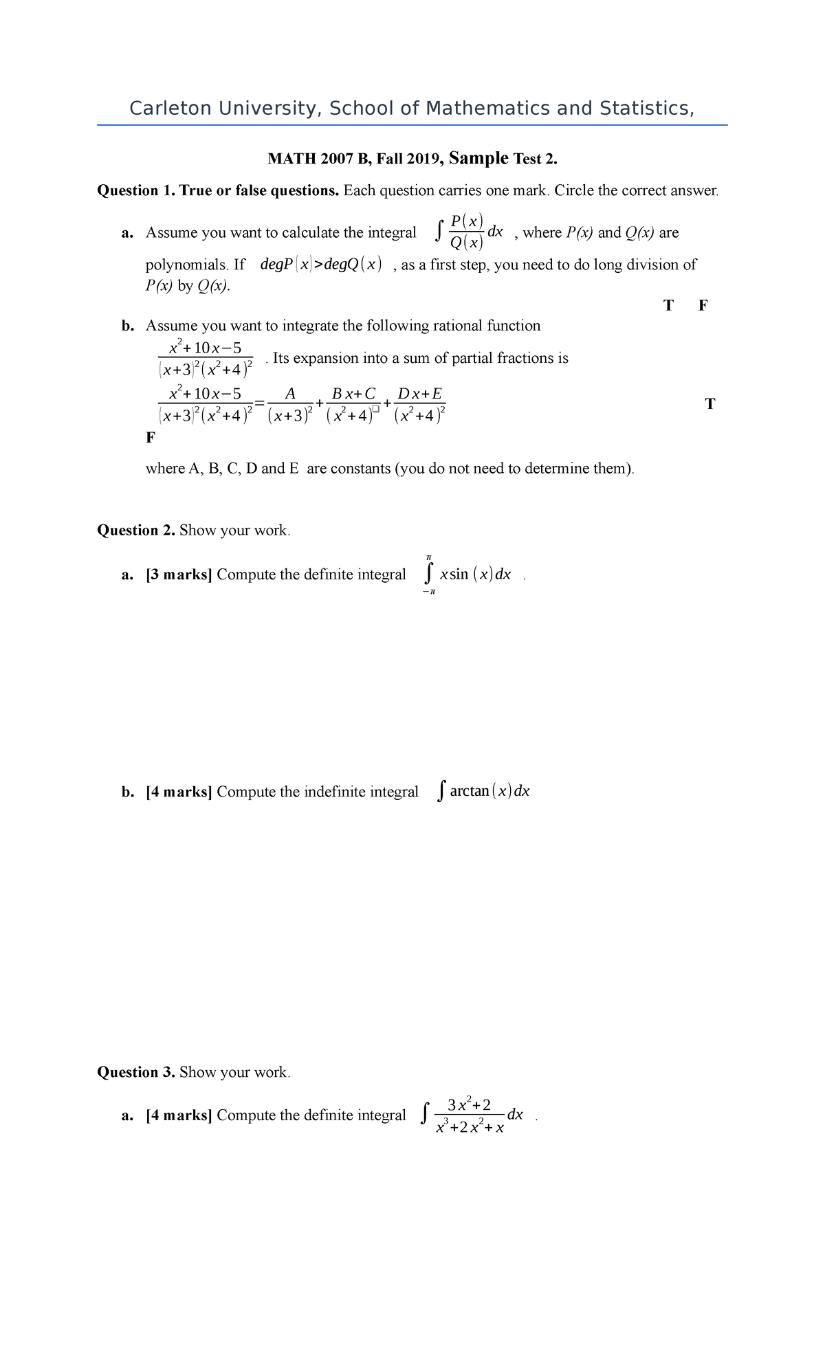 Test 2019, questions - Carleton University, School of Mathematics and ...