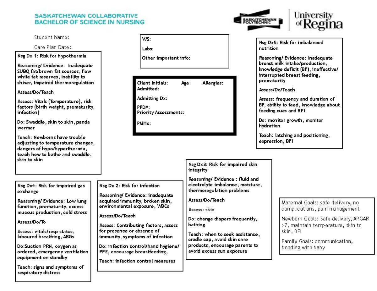 Normal newborn care plan - Student Name: Bradie Bourassa Care Plan Date ...