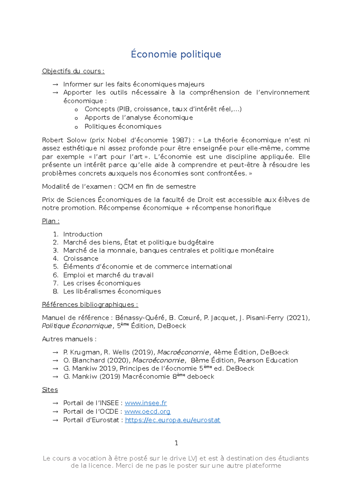 Economie Politique CM - Économie politique Objectifs du cours ...