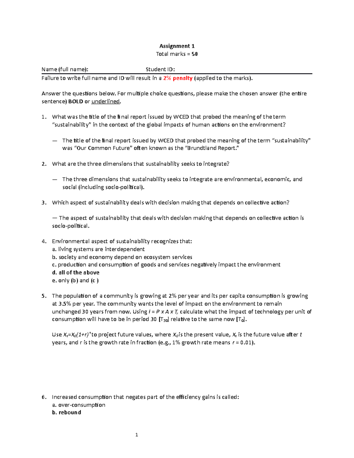 Assignment 1 Notes and Multiple Choice - Assignment 1 Total marks = 50 ...