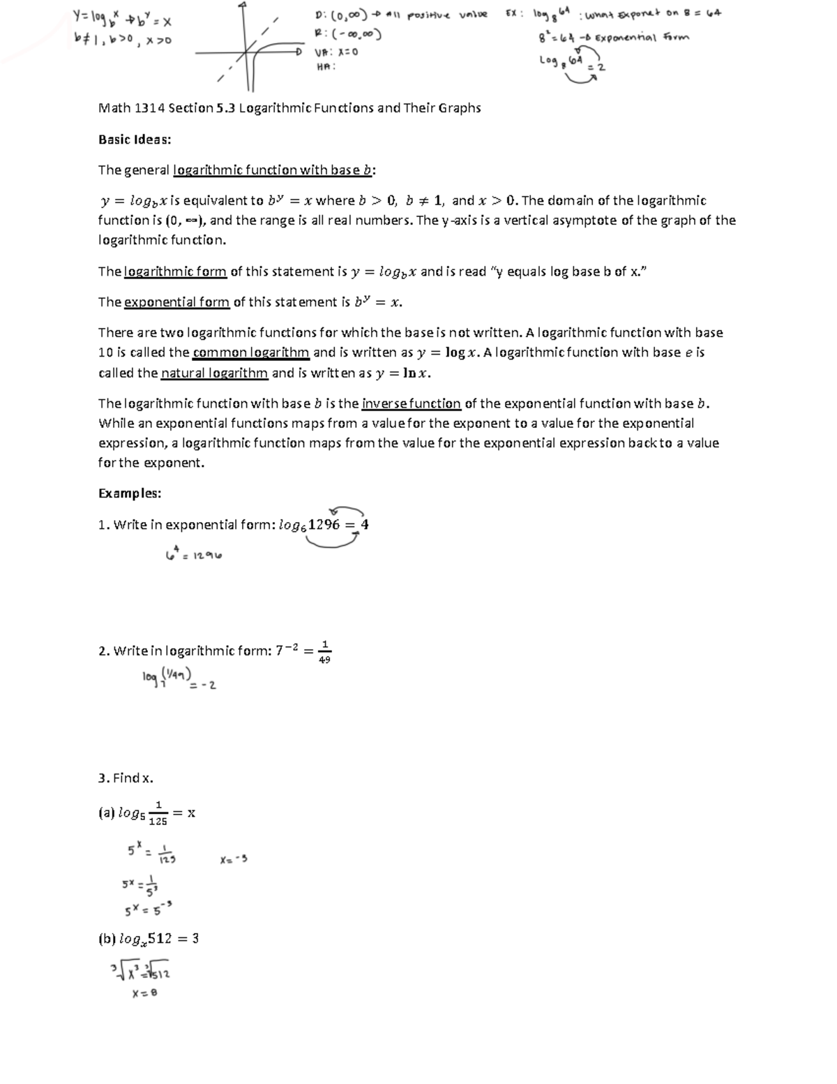 1314 5 3 Notes Logarithmic Functions And Their Graphs Math 1314