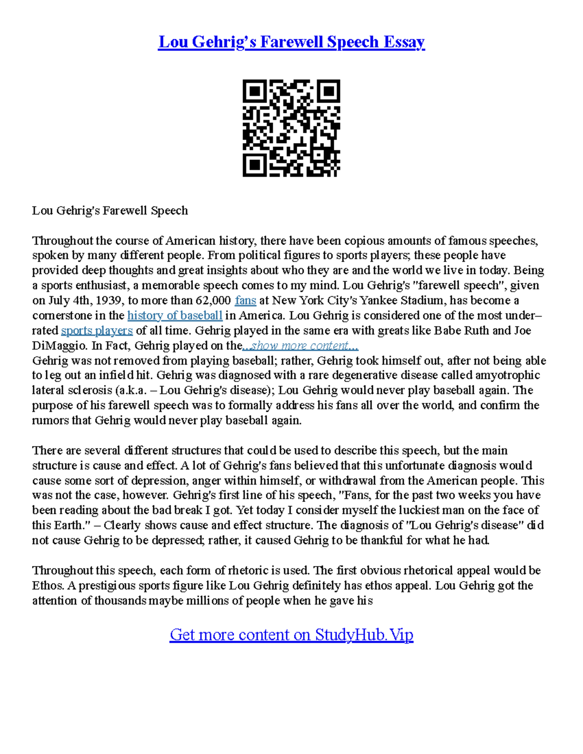 Essay Farewell Speech - Lou Gehrig’s Farewell Speech Essay Lou Gehrig's ...
