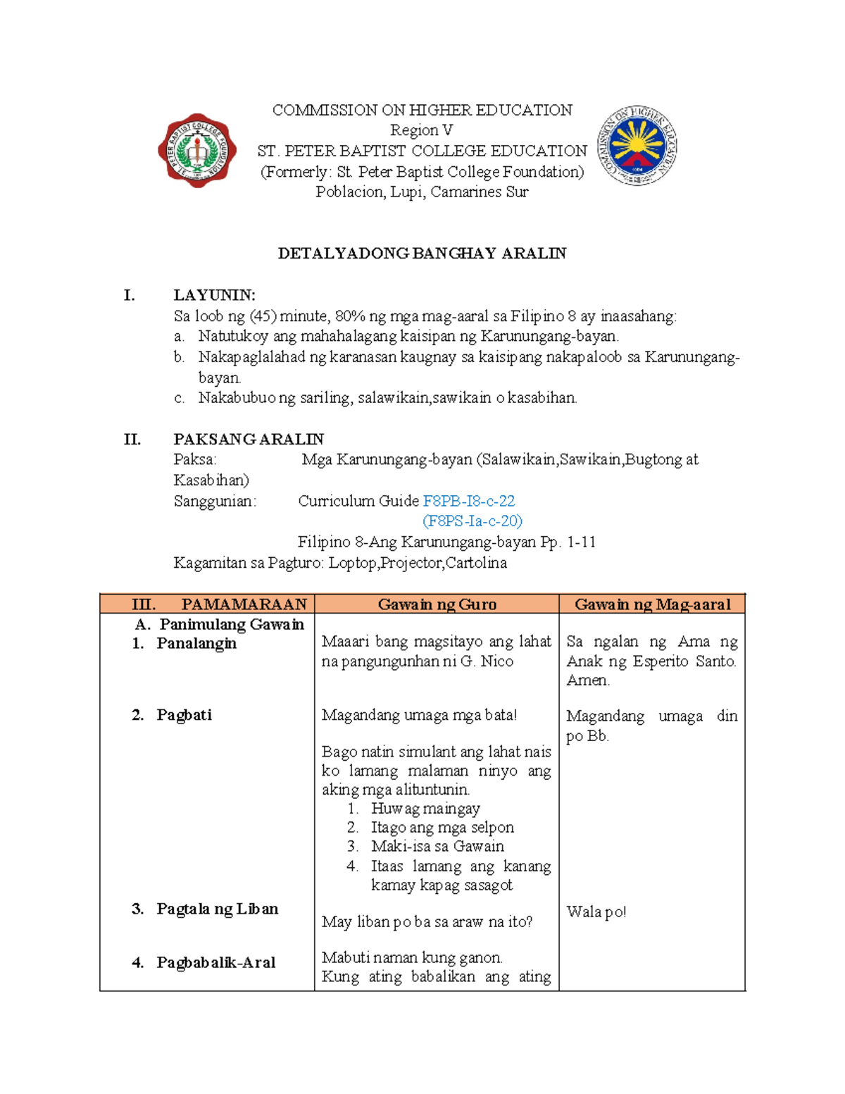 Lesson PLAN (DEMO) - BUHHH - COMMISSION ON HIGHER EDUCATION Region V ST ...