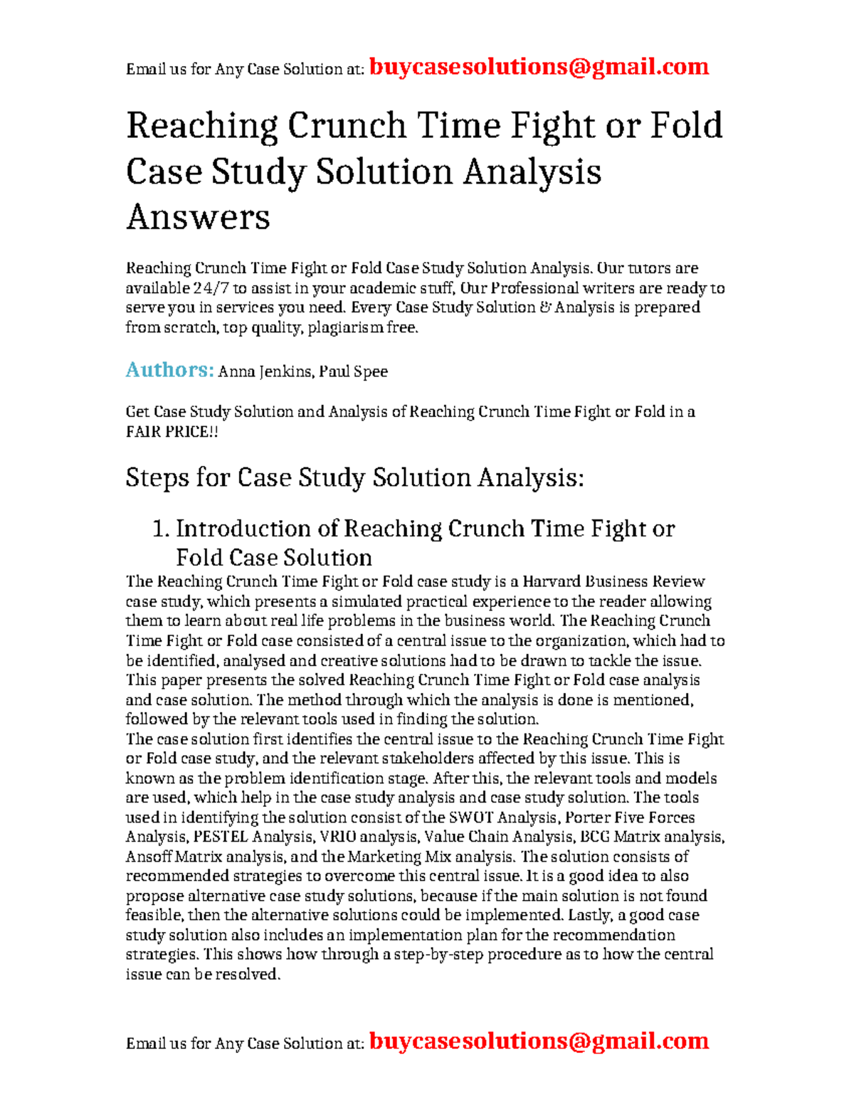 Case Solution Reaching Crunch Time Fight or Fold - Reaching Crunch Time ...