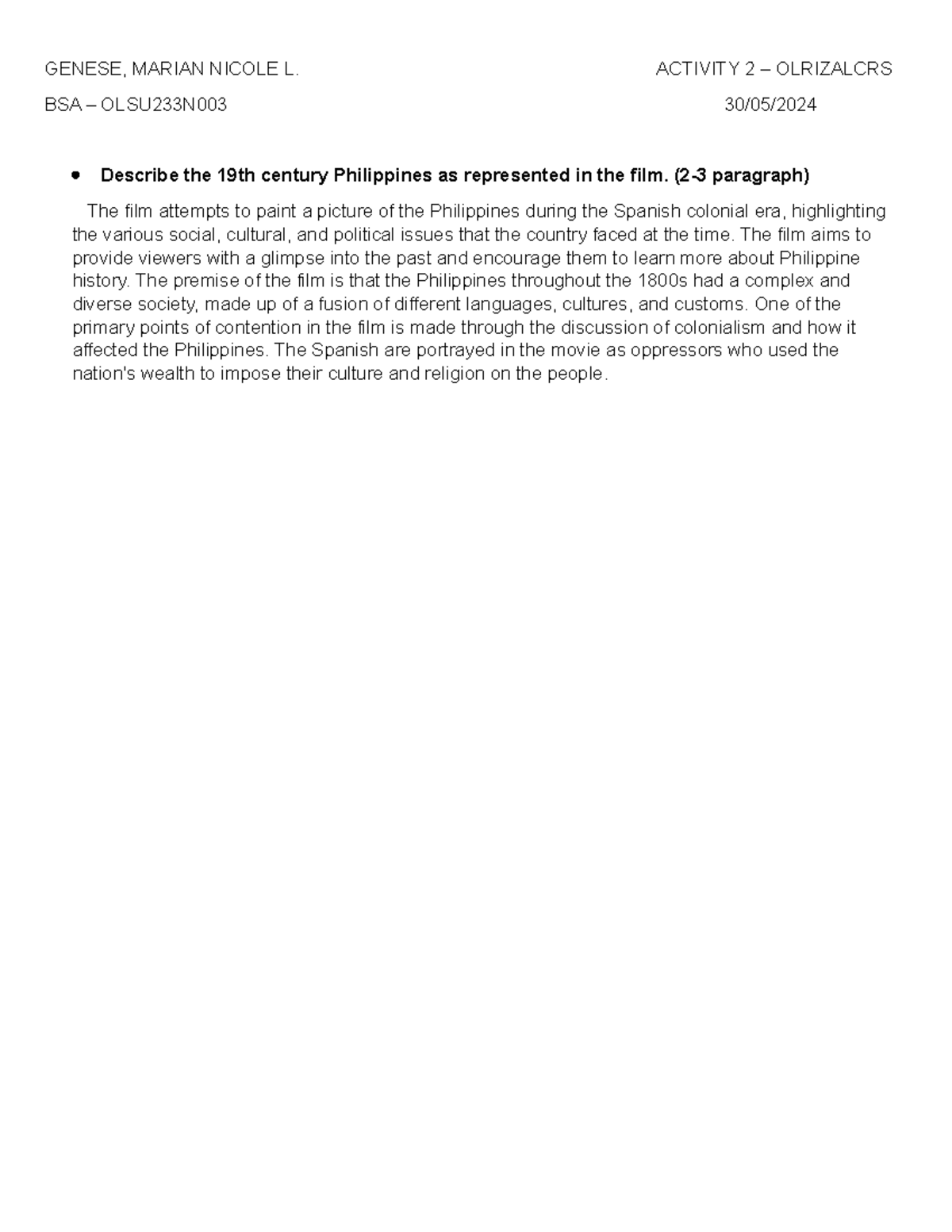 Activity 2 - Genese - GENESE, MARIAN NICOLE L. ACTIVITY 2 – OLRIZALCRS ...