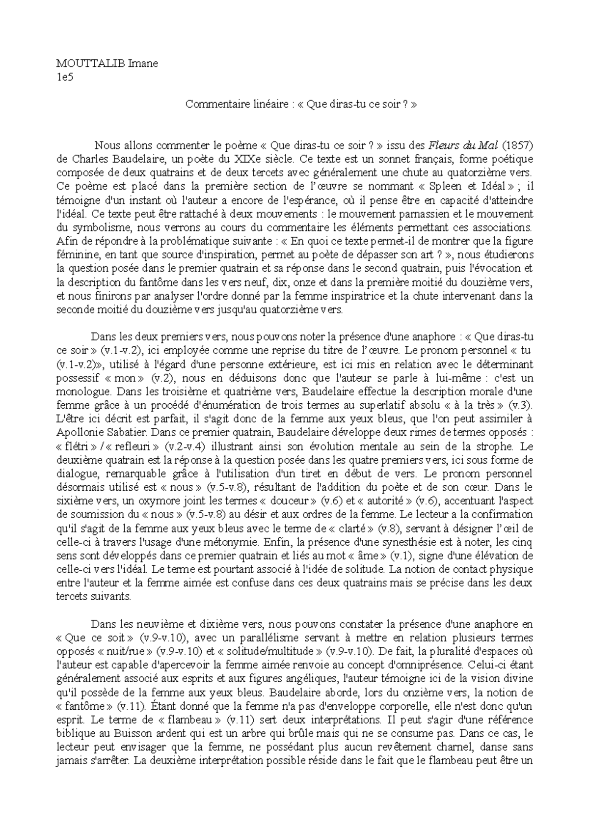 Commentaire linéaire baudelaire - MOUTTALIB Imane 1e Commentaire ...