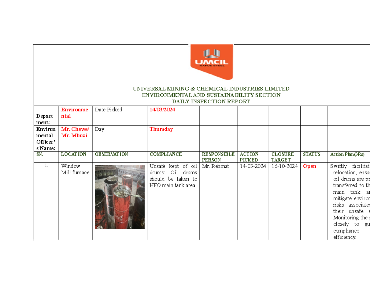 Daily Environmental Concerns - UNIVERSAL MINING & CHEMICAL INDUSTRIES ...