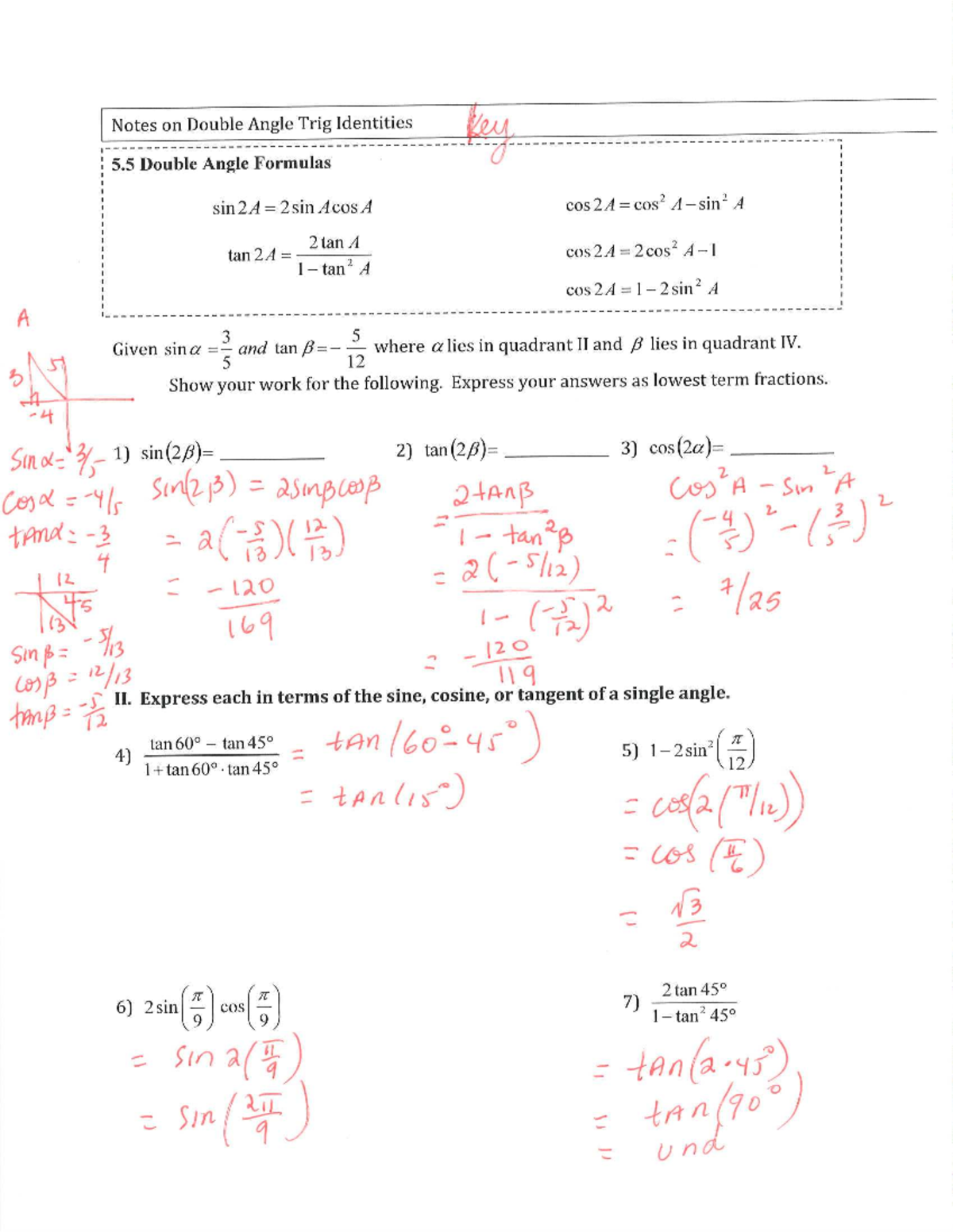 KEY Notes and Worksheet Multiple angles identities day 1 - Studocu