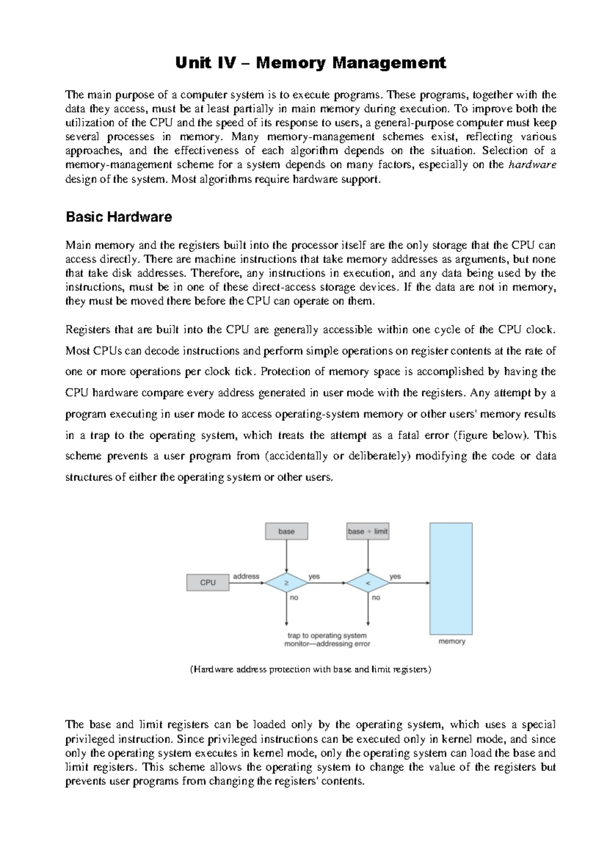 Os Unit 4 - SS&OS NOTES - Unit IV – Memory Management The main purpose ...