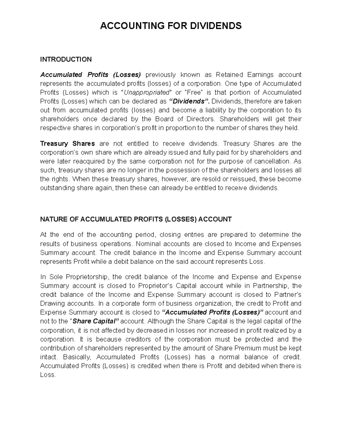 Accounting for Dividends - INTRODUCTION Accumulated Profits (Losses ...