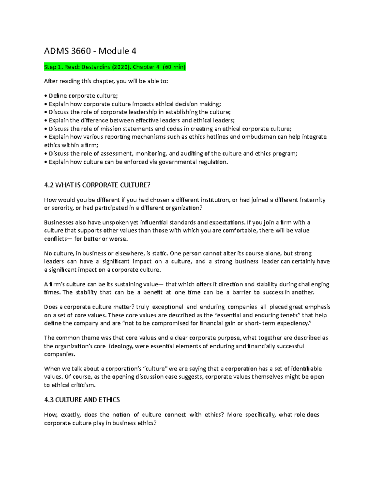 ADMS 3660 lecture notes Module 4 about corporate culture - ADMS 3660 ...