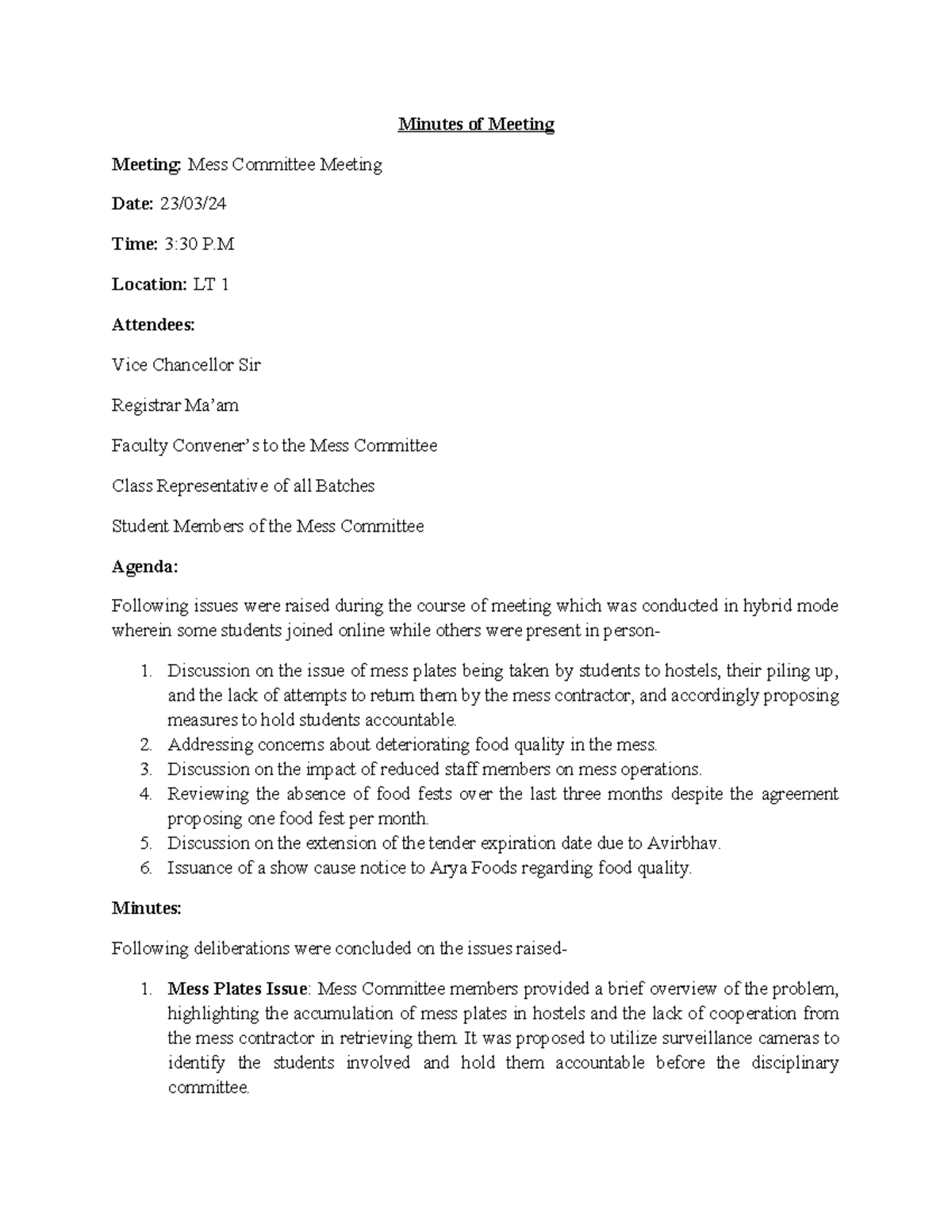 Minutes of Meeting 23rd March'24 - Minutes of Meeting Meeting: Mess ...