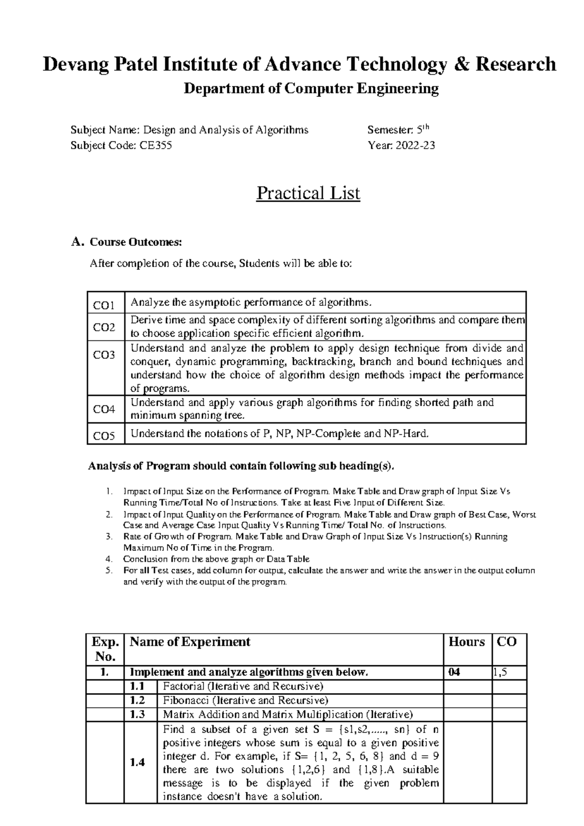 CE355 Practical List - Devang Patel Institute of Advance Technology & Research Department of ...