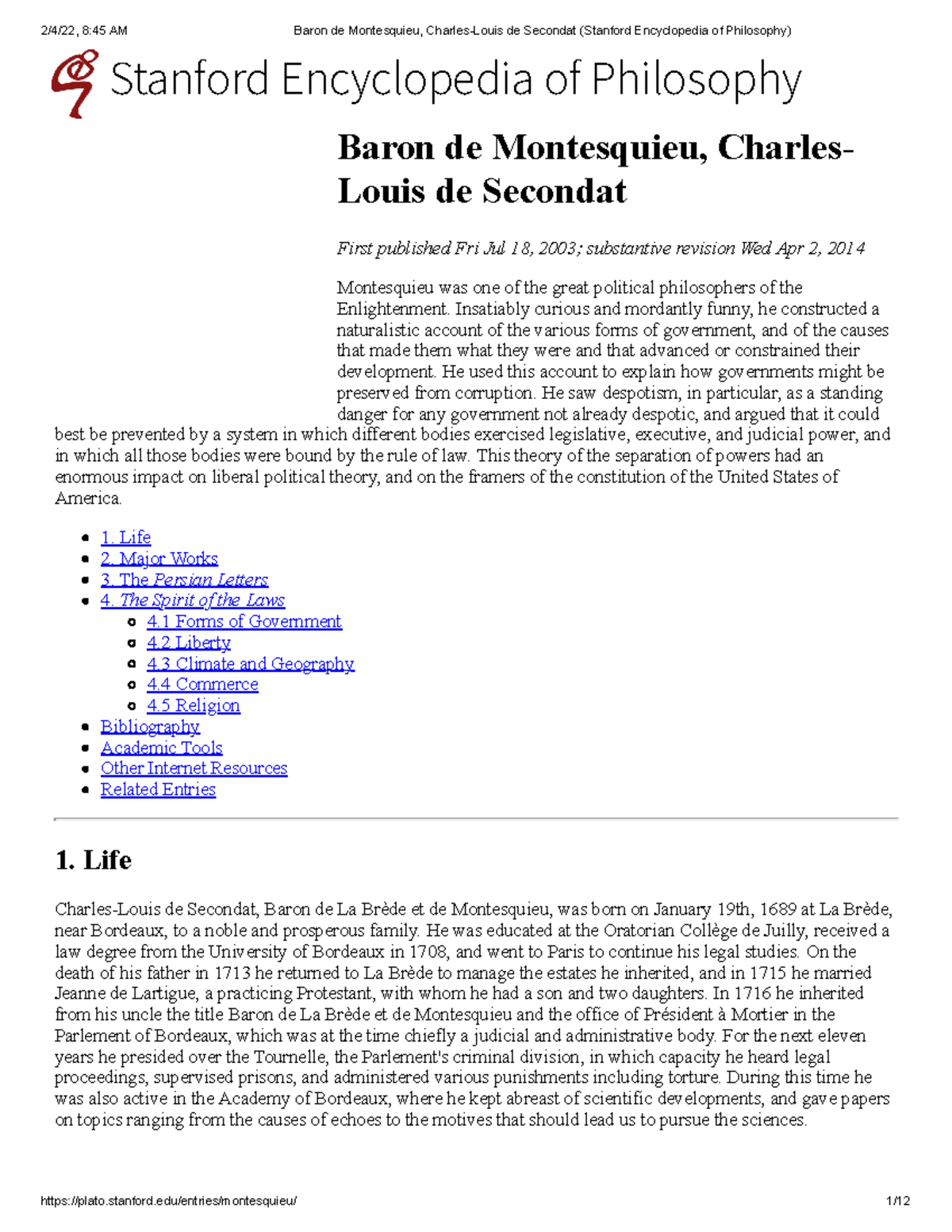 Baron de Montesquieu, Charles-Louis de Secondat (Stanford Encyclopedia ...
