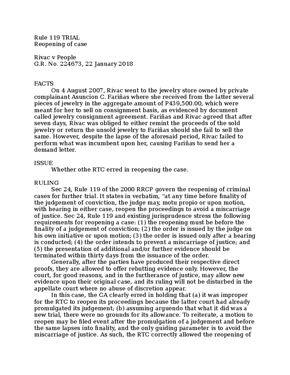 Rivac v People G.R - Case Digest - Rule 119 TRIAL Reopening of case ...