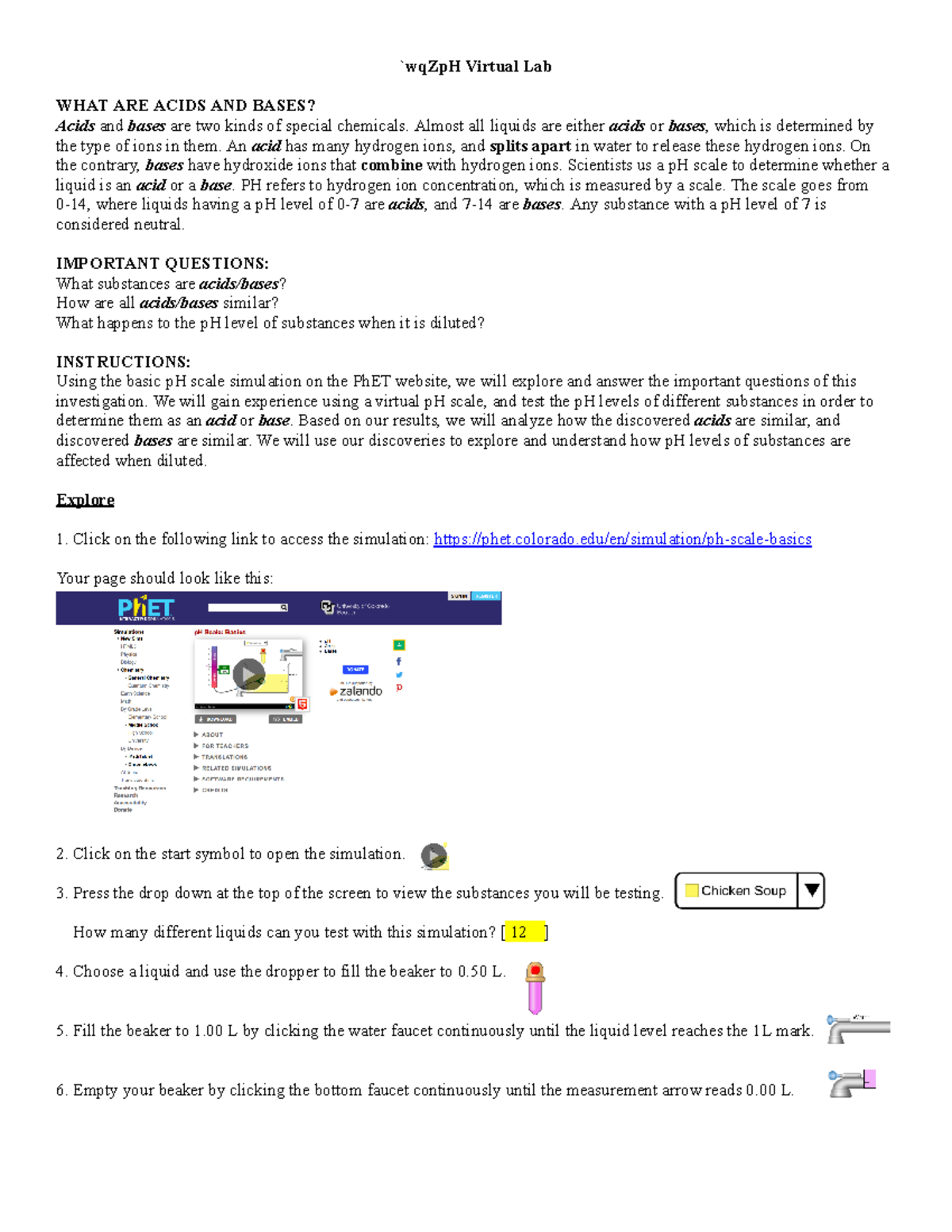 Copy of p H Virtual Lab - This is a lab - `wqZpH Virtual Lab WHAT ARE ...