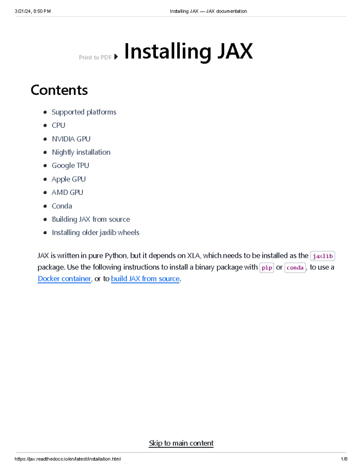 AI ML - Installing JAX Contents Supported platforms CPU NVIDIA GPU Nightly installation Google ...
