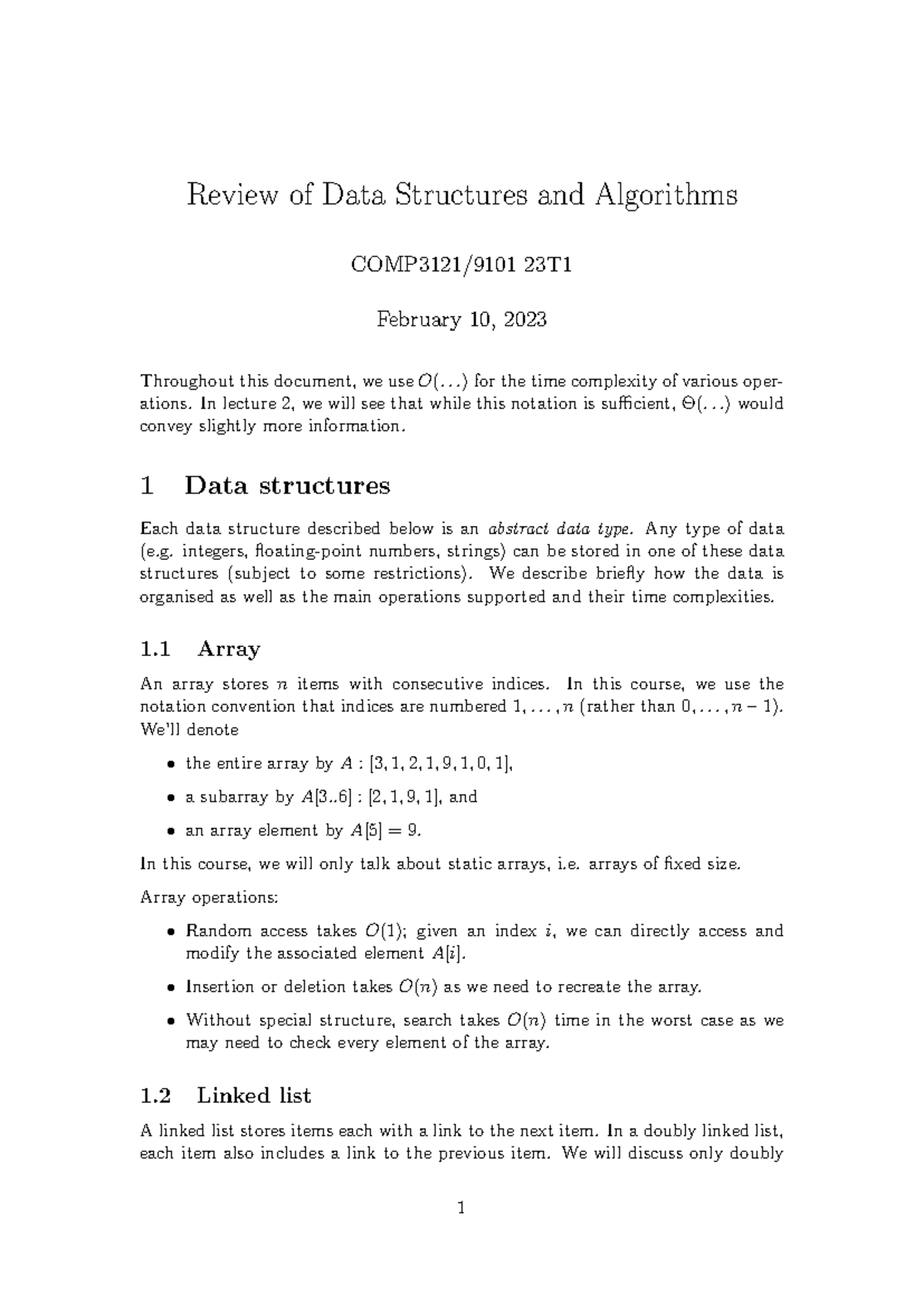 Comp3121 intro review material - Review of Data Structures and Algorithms COMP3121/9101 23T ...