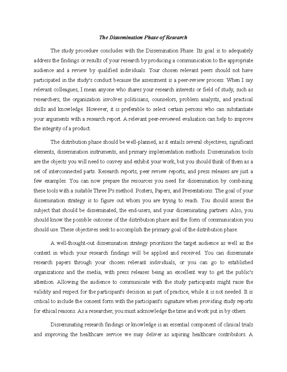 1 Essay Russell - Grade: 1.12 - The Dissemination Phase of Research The ...