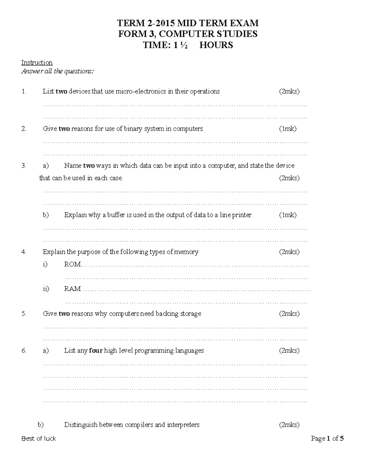Form 1 Computer Studies Mid Term 2 Exam 2015 - TERM 2-2015 MID TERM ...
