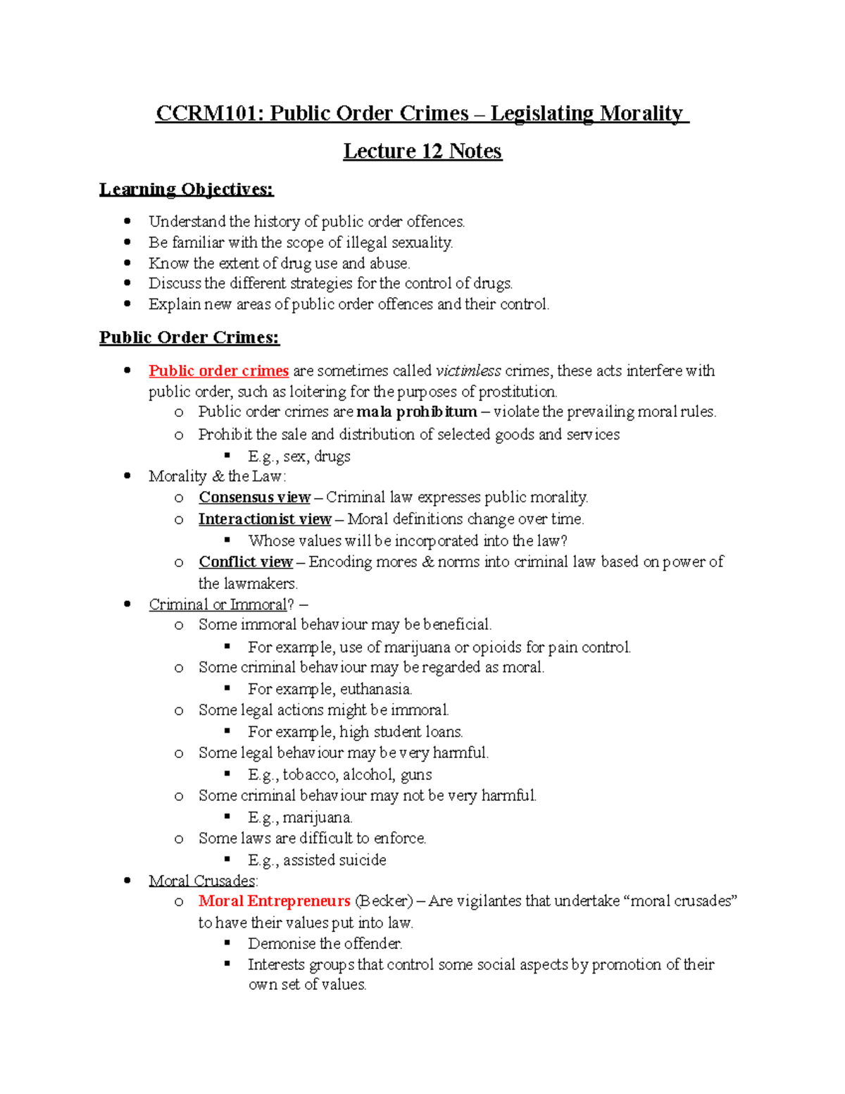 Public Order Crimes: Legislating Morality Lecture 12 Notes - Studocu