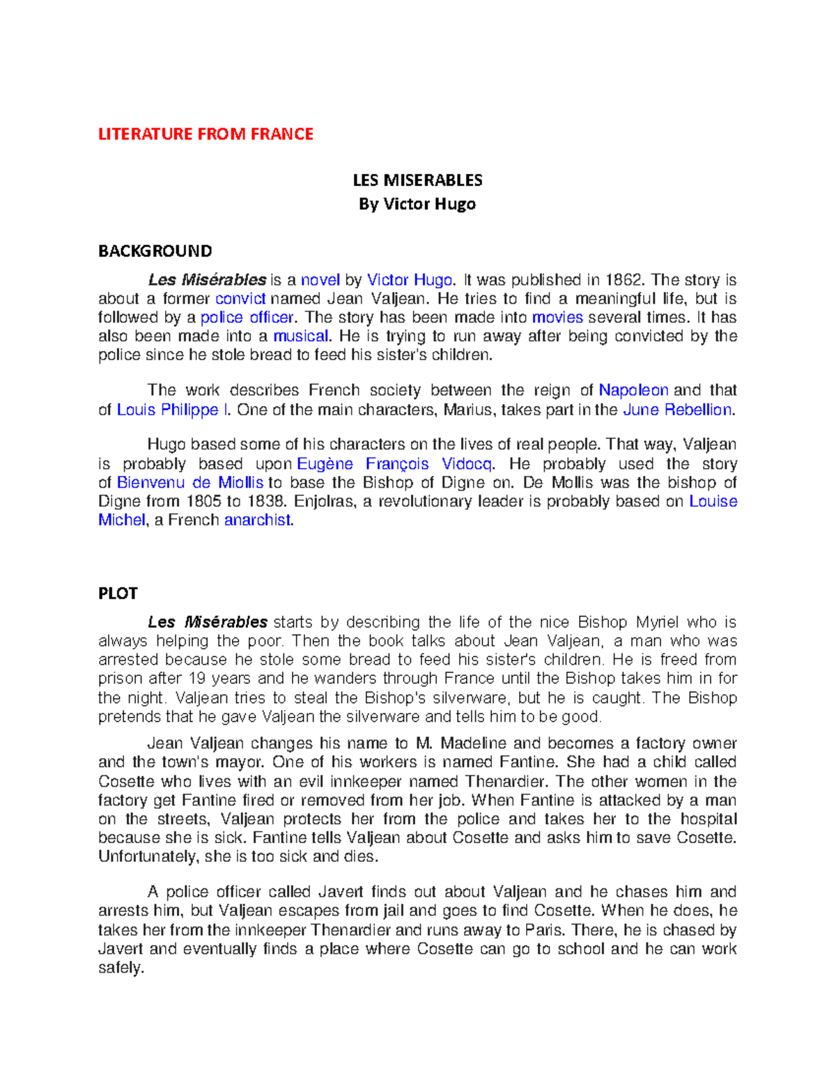 Les Miseerables Background and Plot - LITERATURE FROM FRANCE LES ...
