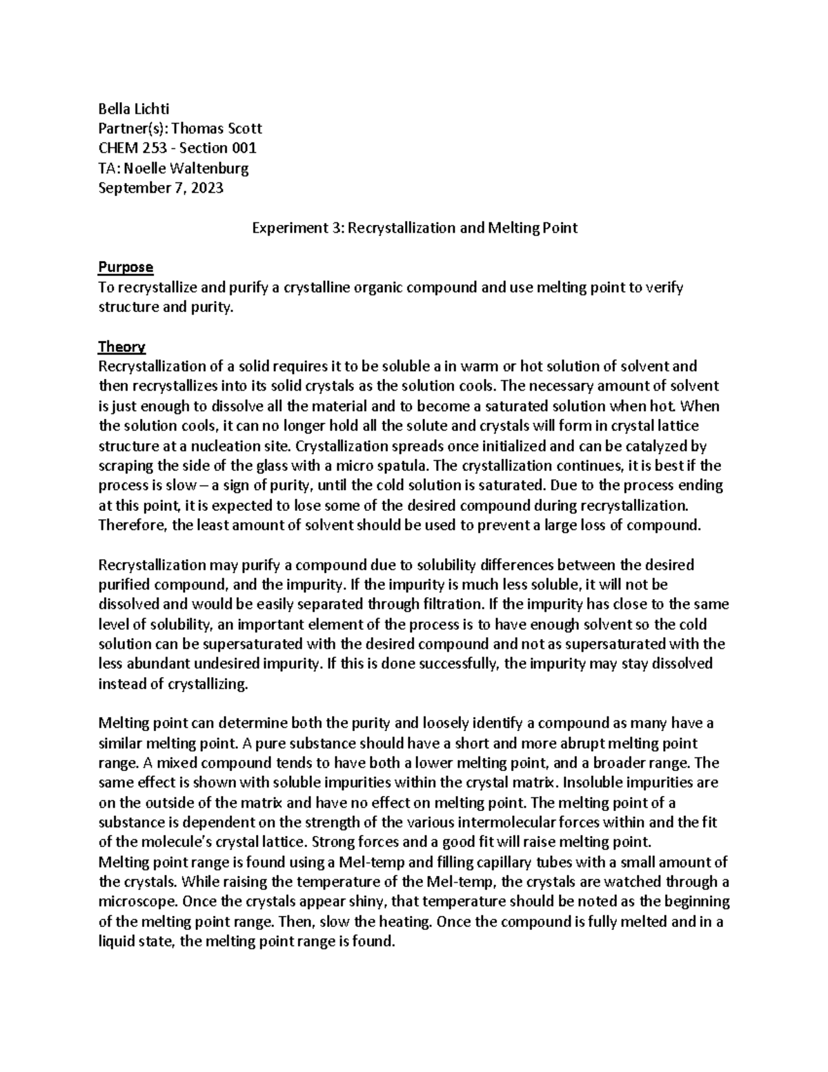 BL Experiment 3 - OCHEM 1 lab - Bella Lichti Partner(s): Thomas Scott ...