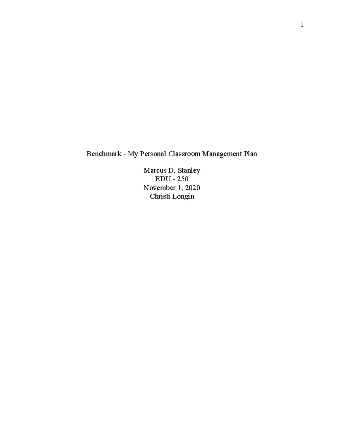 Final Draft management plan for the classroom - 1 Benchmark My Personal ...