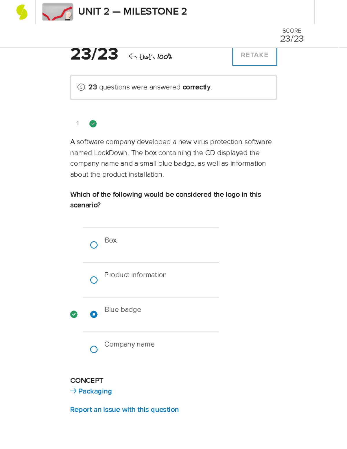 Intro To Business Milestone 2 - 1 CONCEPT → Packaging 23/23 that's 100% ...