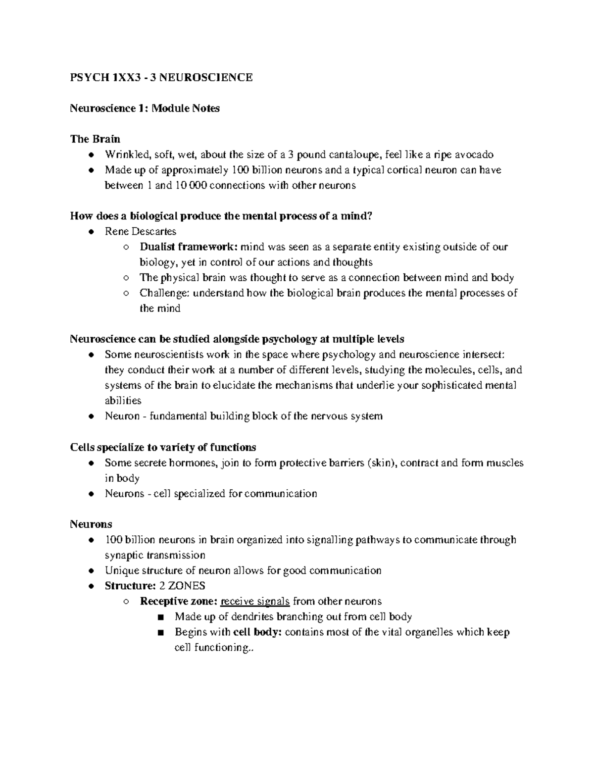 Neuroscience I - Notes - PSYCH 1XX3 - 3 NEUROSCIENCE Neuroscience 1 ...