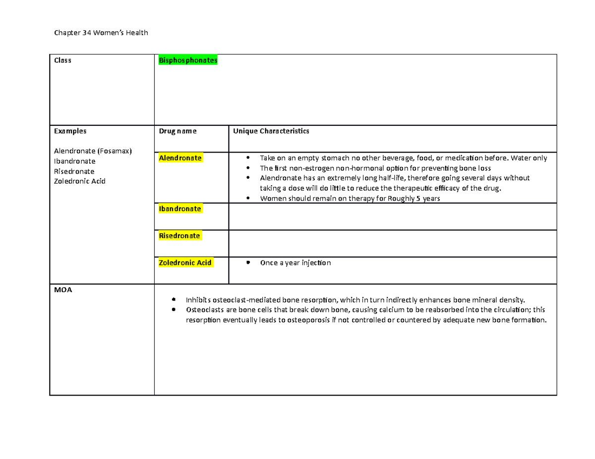 Drug Cards for pharm Biphosphate (Alendronate) - Chapter 34 Women’s ...