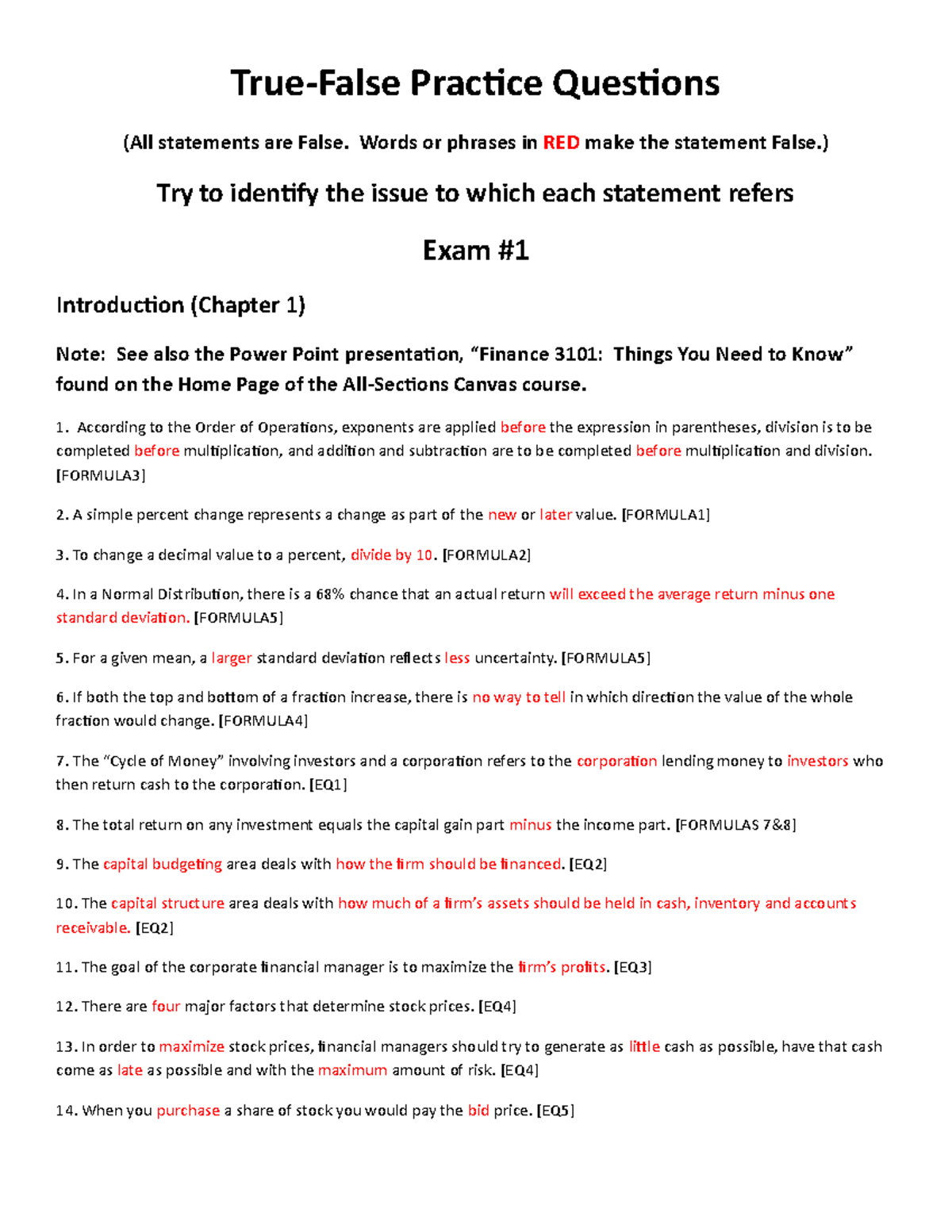 True False Practice Questions 082421 - True-False Practice Questions ...