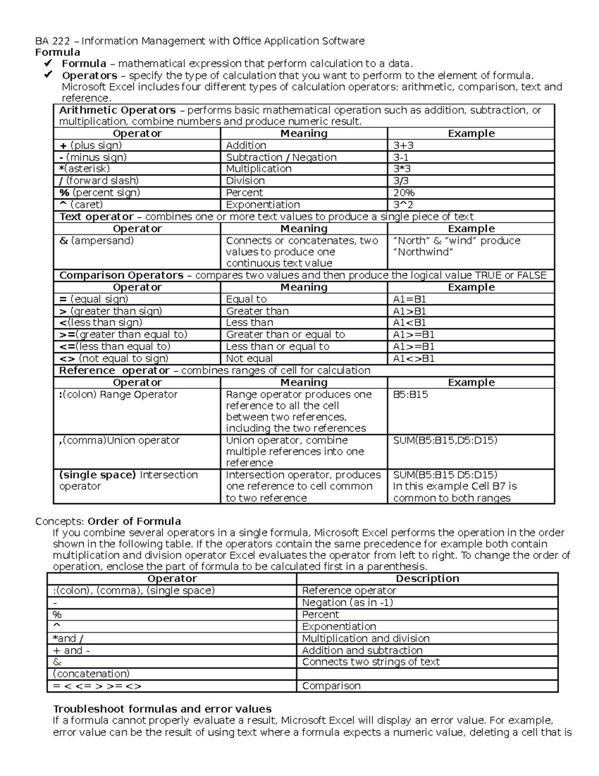 MS Excel Notes - Formula Formula – mathematical expression that perform ...