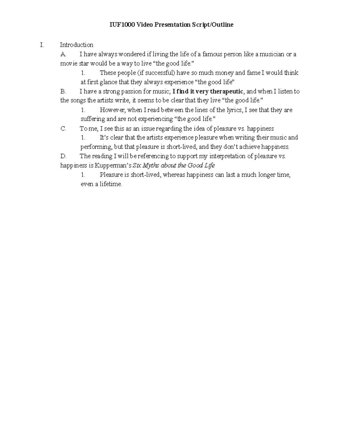 Outline for Video Pres. - IUF1000 Video Presentation Script/Outline I ...