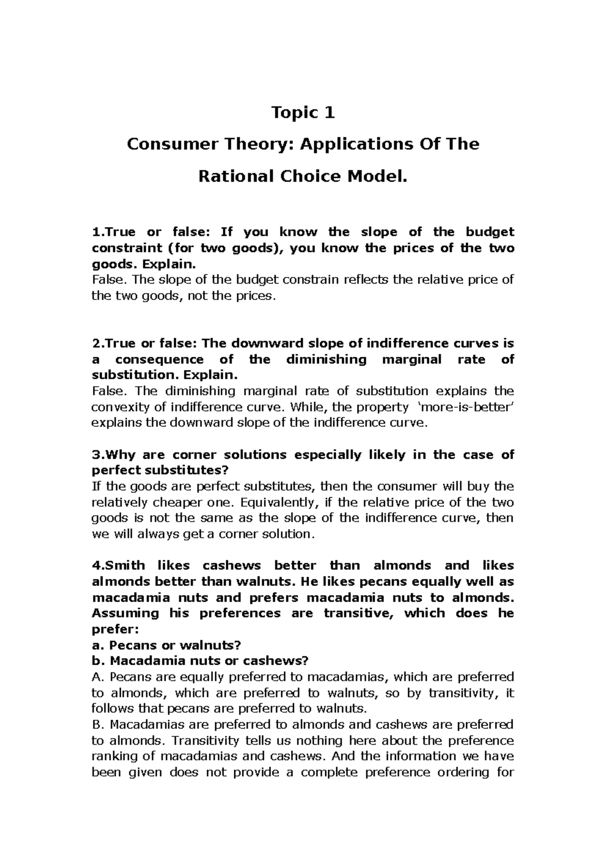 Problem Set - Topic 1 - Topic 1 Consumer Theory: Applications Of The Rational Choice Model. 1 or ...