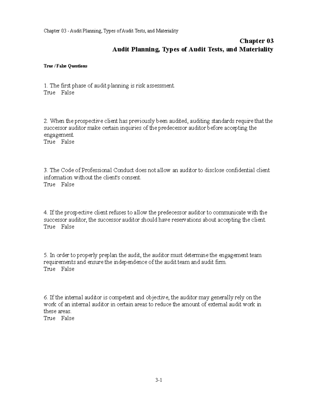 Chap003 Audit Test Bank Chapter 03 Audit Planning Types Of Audit 