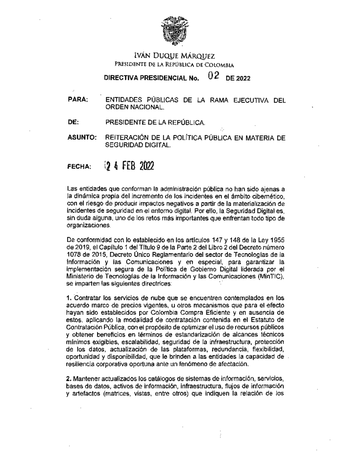 Directiva Presidencial No. O 2 DE 2022 - IvÁN DUQJ)E MÁRQJ)EZ ...