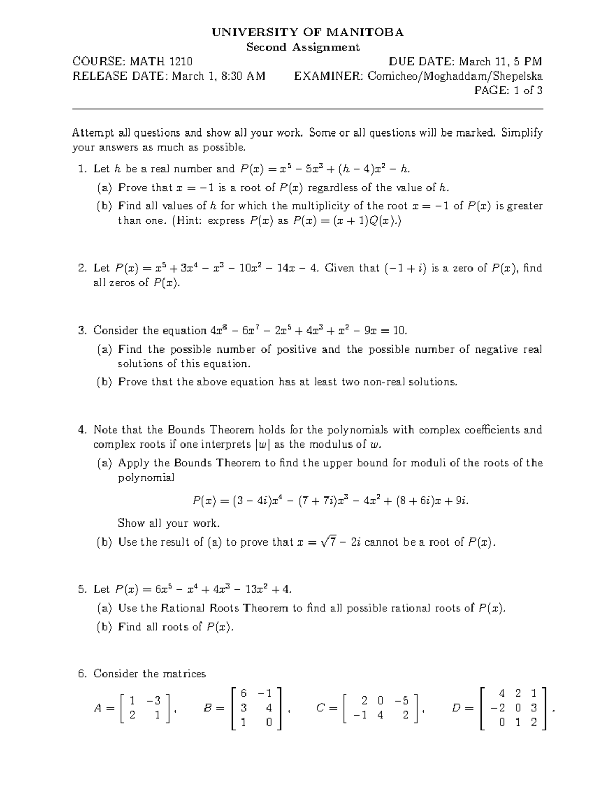 W22asst2 - Techniques Of Classical And Linear Algebra course material ...