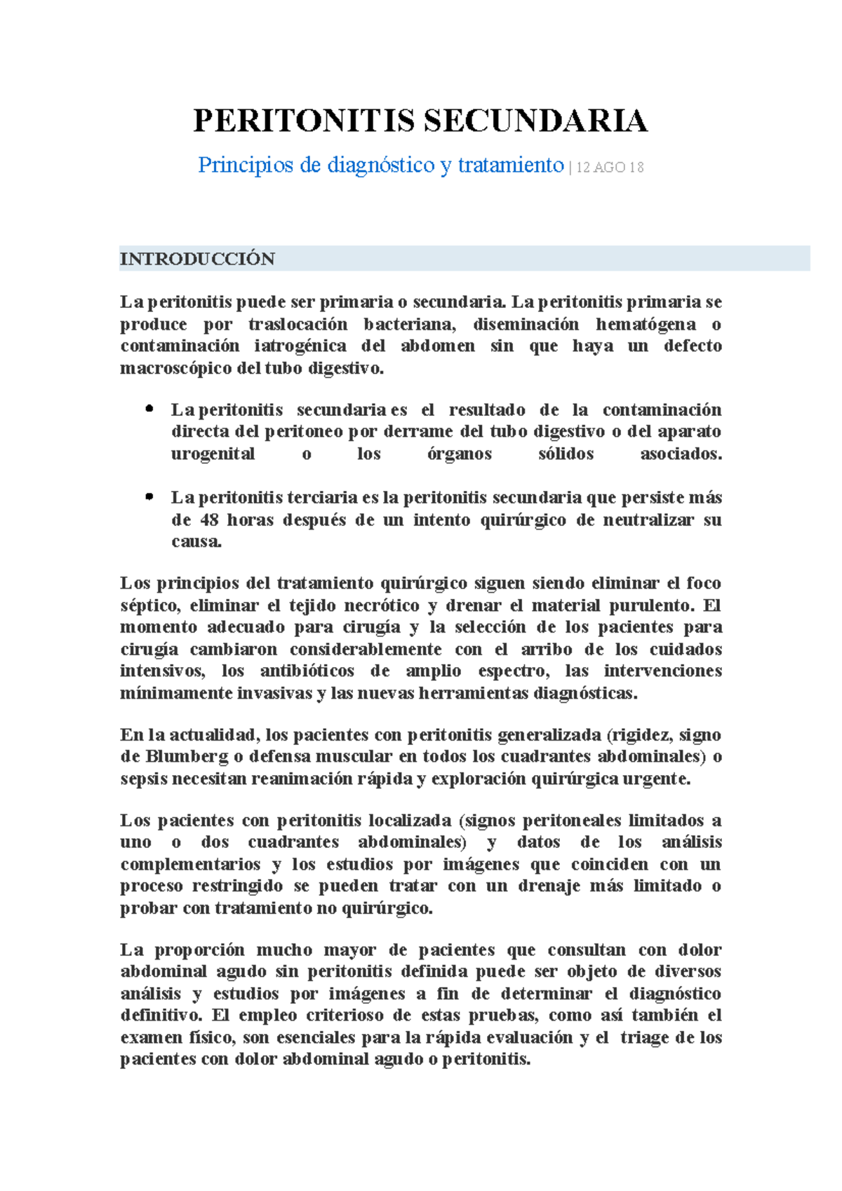 Peritonitis Secundaria Doyma - PERITONITIS SECUNDARIA Principios de ...
