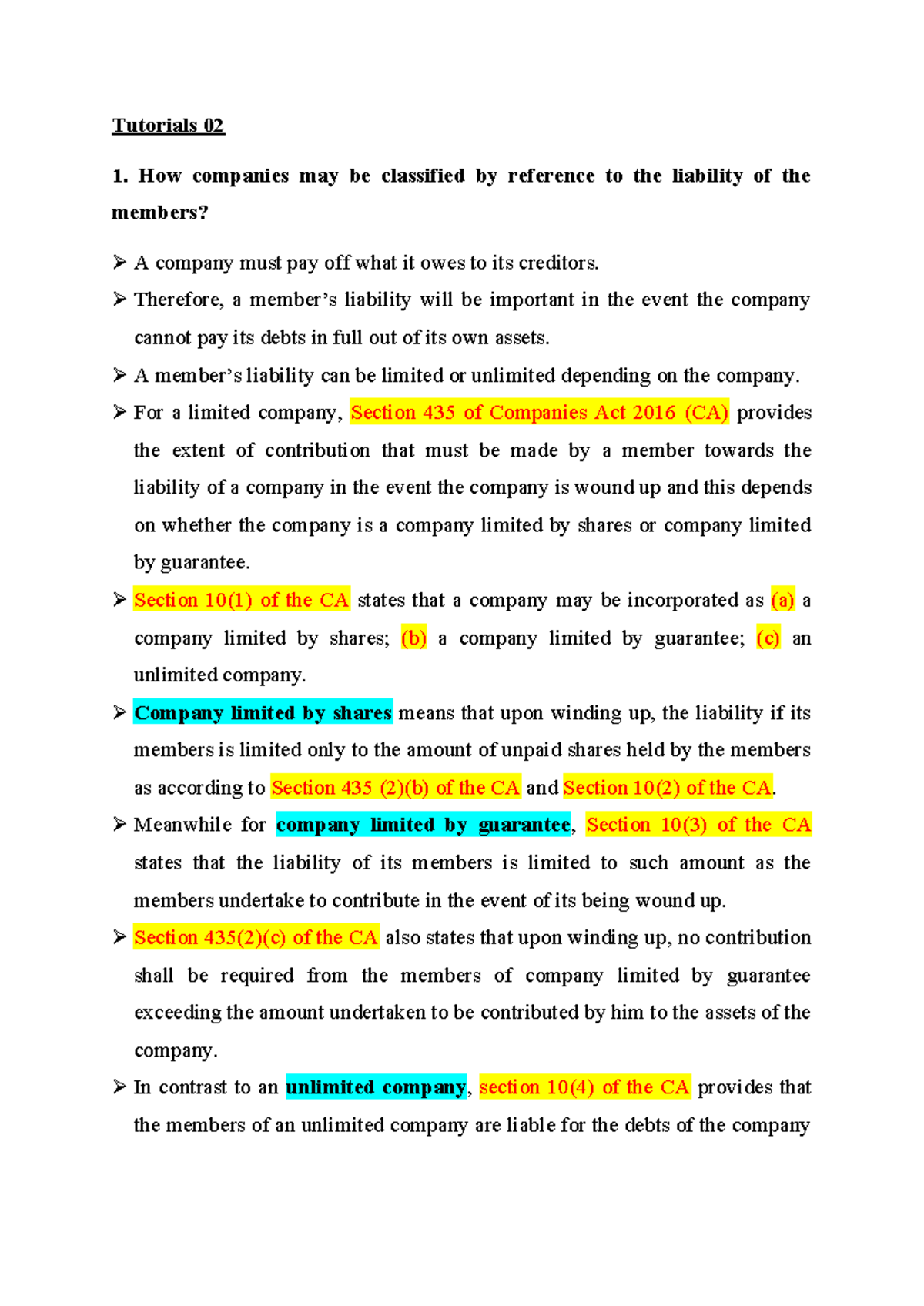 Tutorial 2 - Tutorials 02 How companies may be classified by reference to the liability of the ...